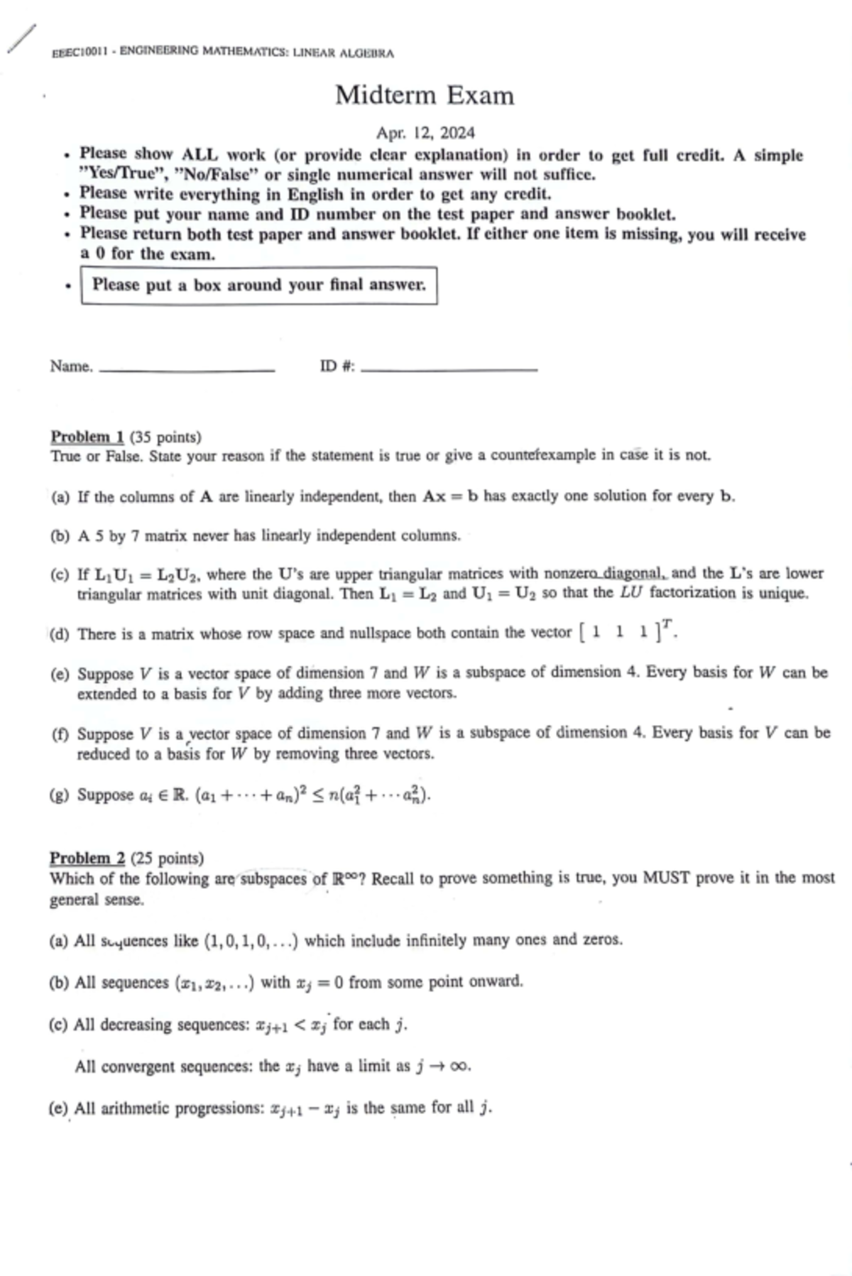 112 Linear Algebra Mid - Note - ENGINEERING MATHEMATICS: LINEAR ALGEBRA ...