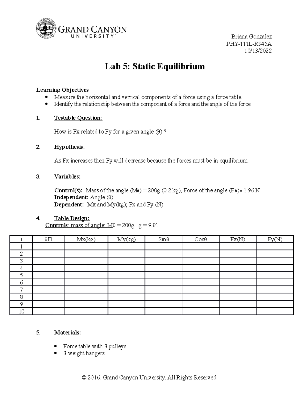 PHY-111L-RS-Lab5 Static Equilibrium - PHY-111L-R945A 10/13/ Lab 5 ...