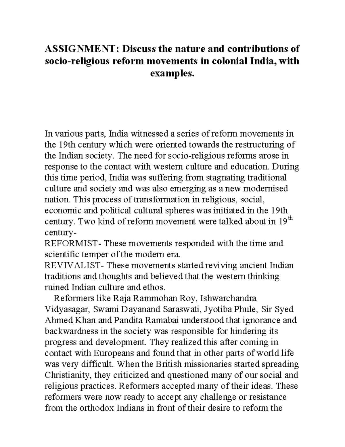 Socio Religious reforms movement - ASSIGNMENT: Discuss the nature and ...