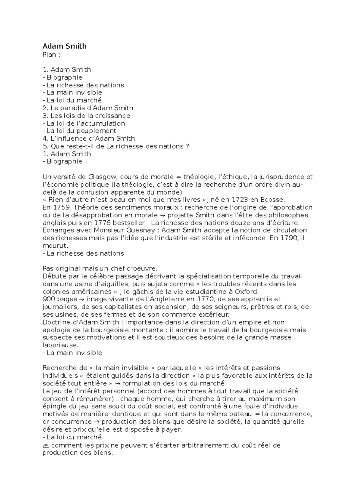 Adam Smith - Notes de cours Notes de cours - Adam Smith Plan : Adam ...
