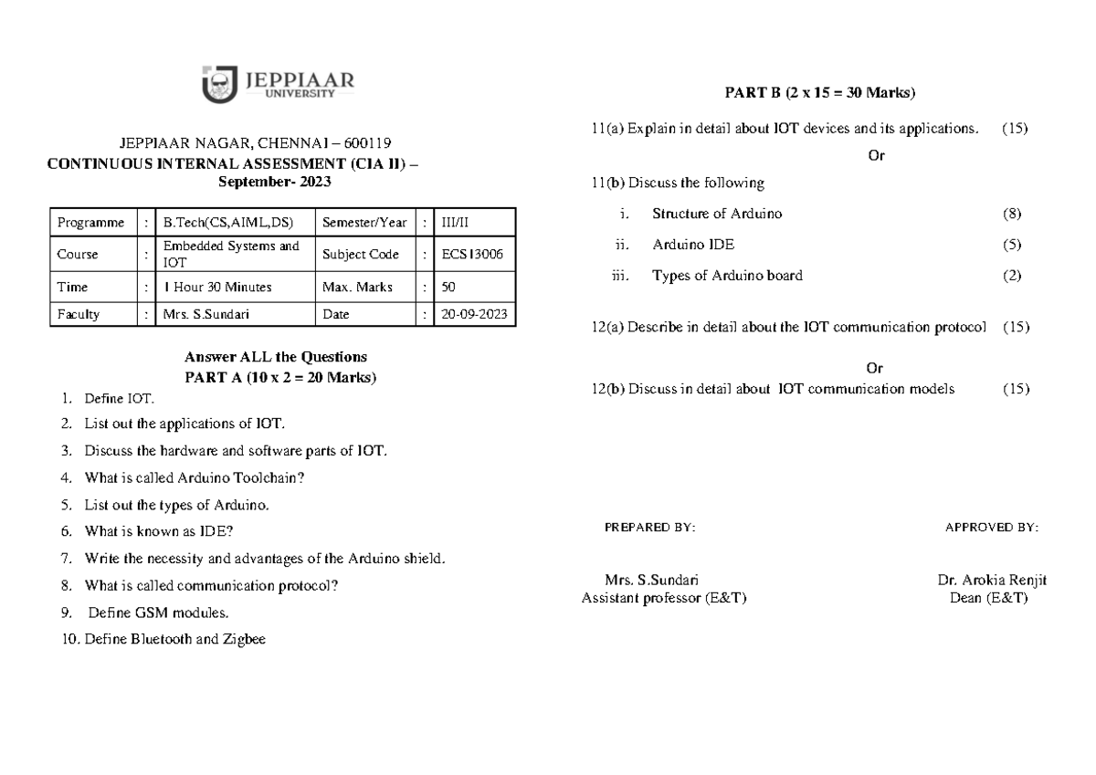 Cia Embedded Systems And Iot Pdf Jeppiaar Nagar Chennai 600119 Continuous Internal