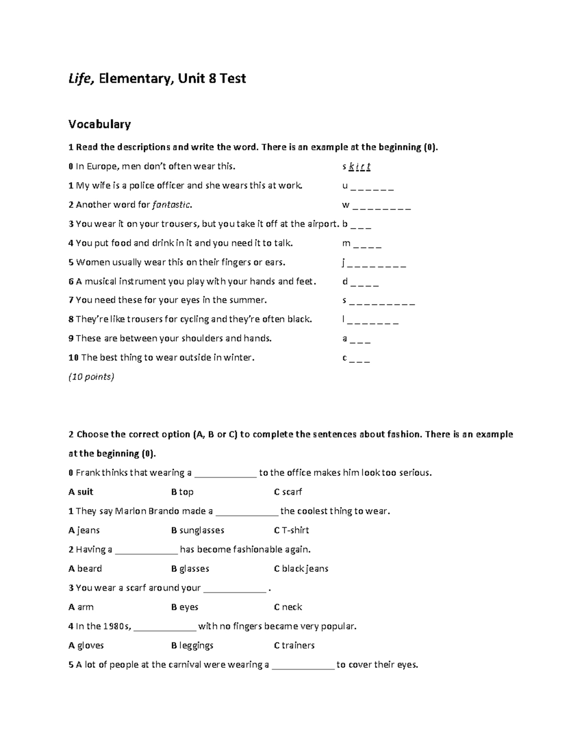 Life 2e Elementary Unit 8 test PDF - Life, Elementary, Unit 8 Test ...