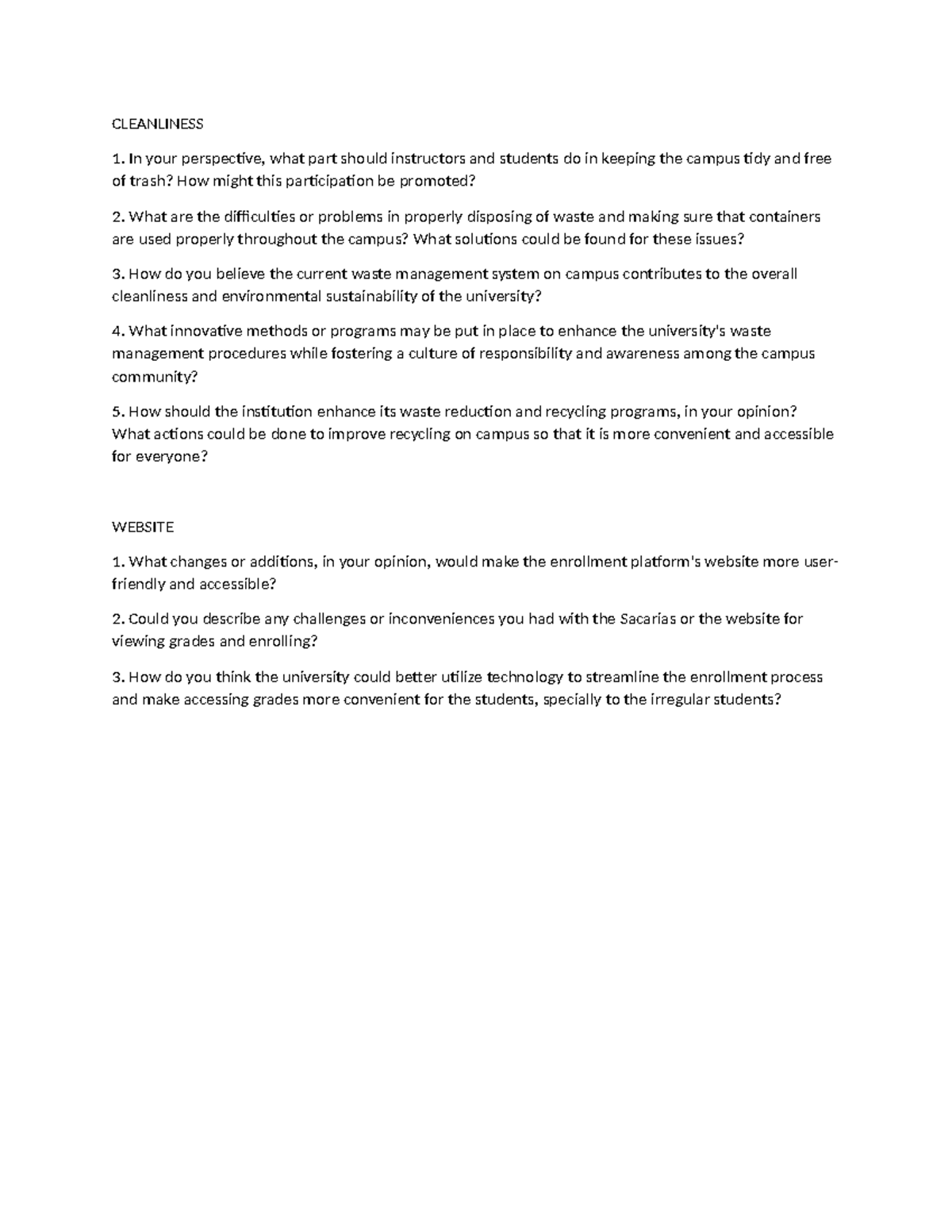 CCT guide questions - ../ - CLEANLINESS In your perspective, what part ...