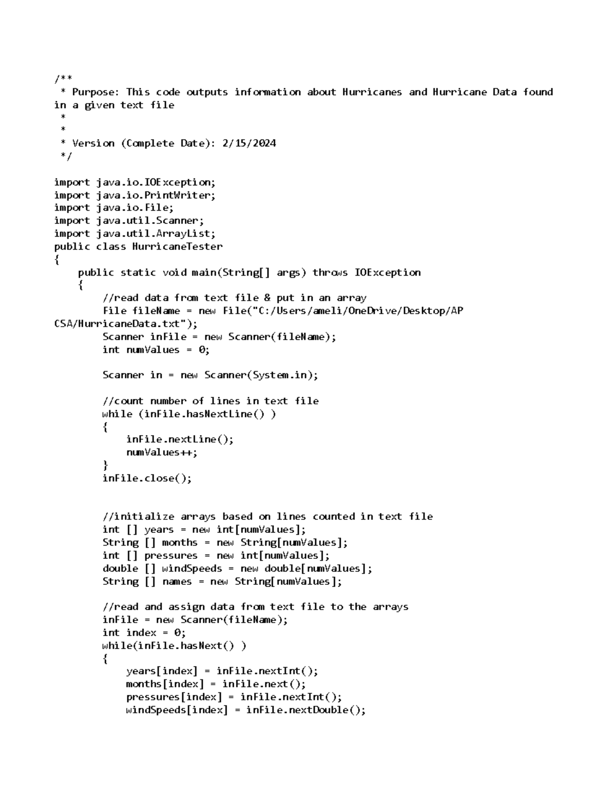 Hurricane Tester Code PDF - /** * Purpose: This code outputs ...