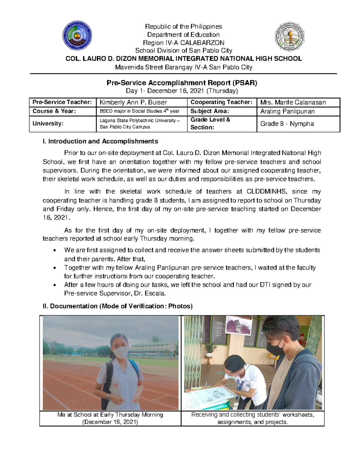 PSAR Day1 On-site Buiser Kimberly Ann Bsedsoc Stud - Pre-Service ...