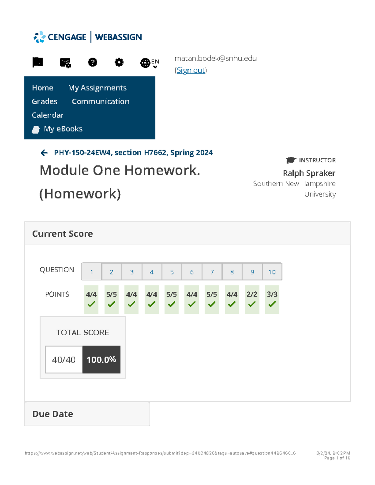Module One Homework. - PHY-150-24EW4, section H7662, Spring 2024 Web Assign - EN matan@snhu ...