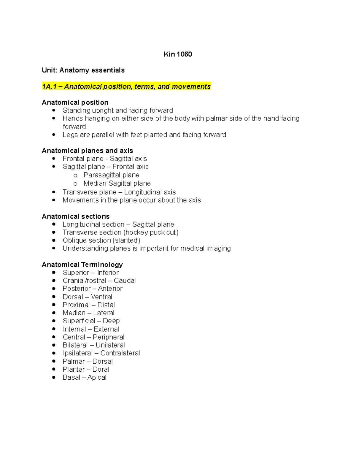 Kin 1060 notes - Kin 1060 Unit: Anatomy essentials 1A – Anatomical ...