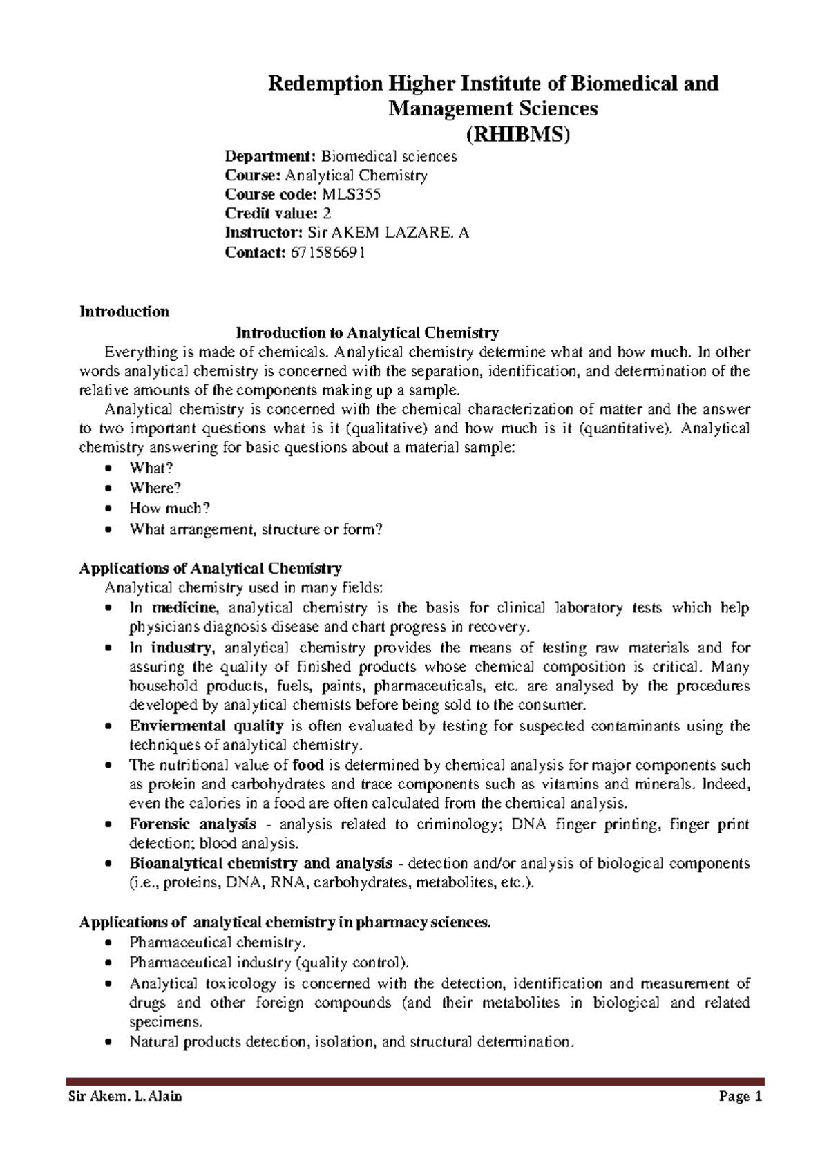 Analytical Chemistry - Introduction Redemption Higher Institute of ...