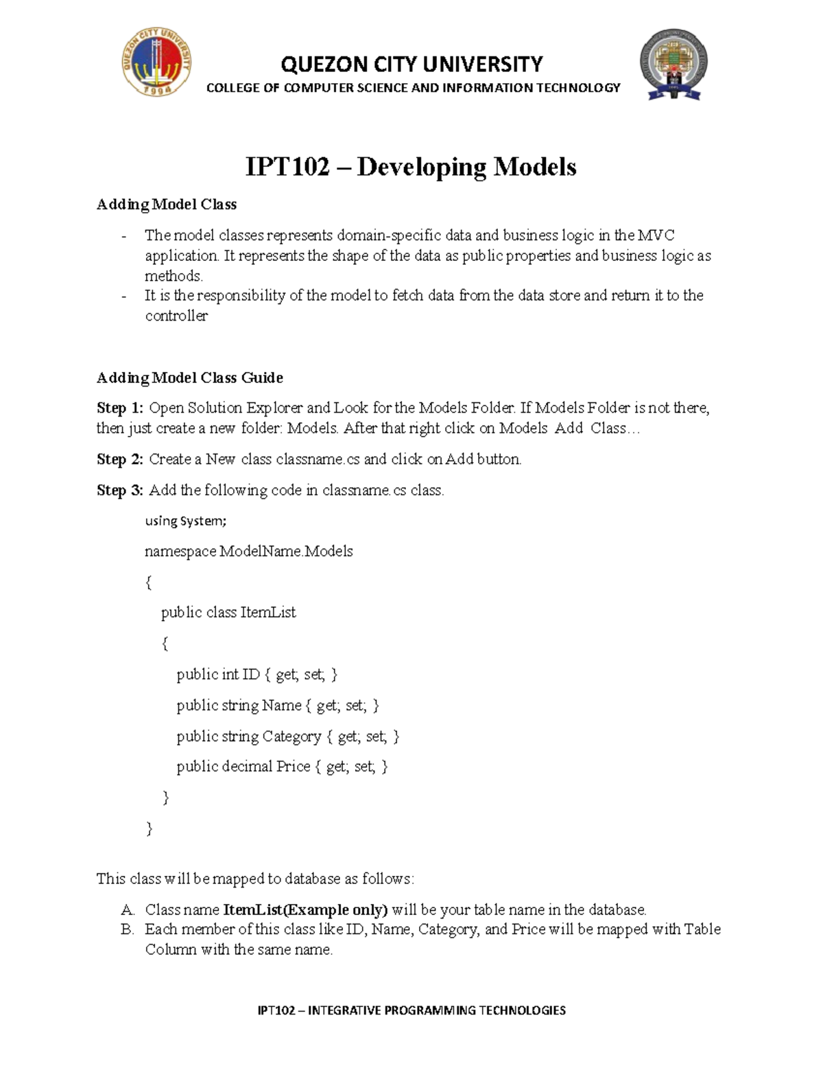 Developing Models Notes - IPT102 - QUEZON CITY UNIVERSITY COLLEGE OF ...