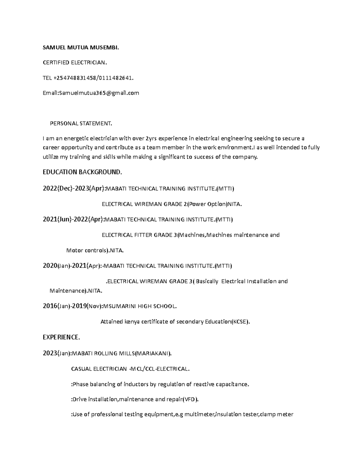 Samuel Mutua CV - SAMUEL MUTUA MUSEMBI. CERTIFIED ELECTRICIAN. TEL ...