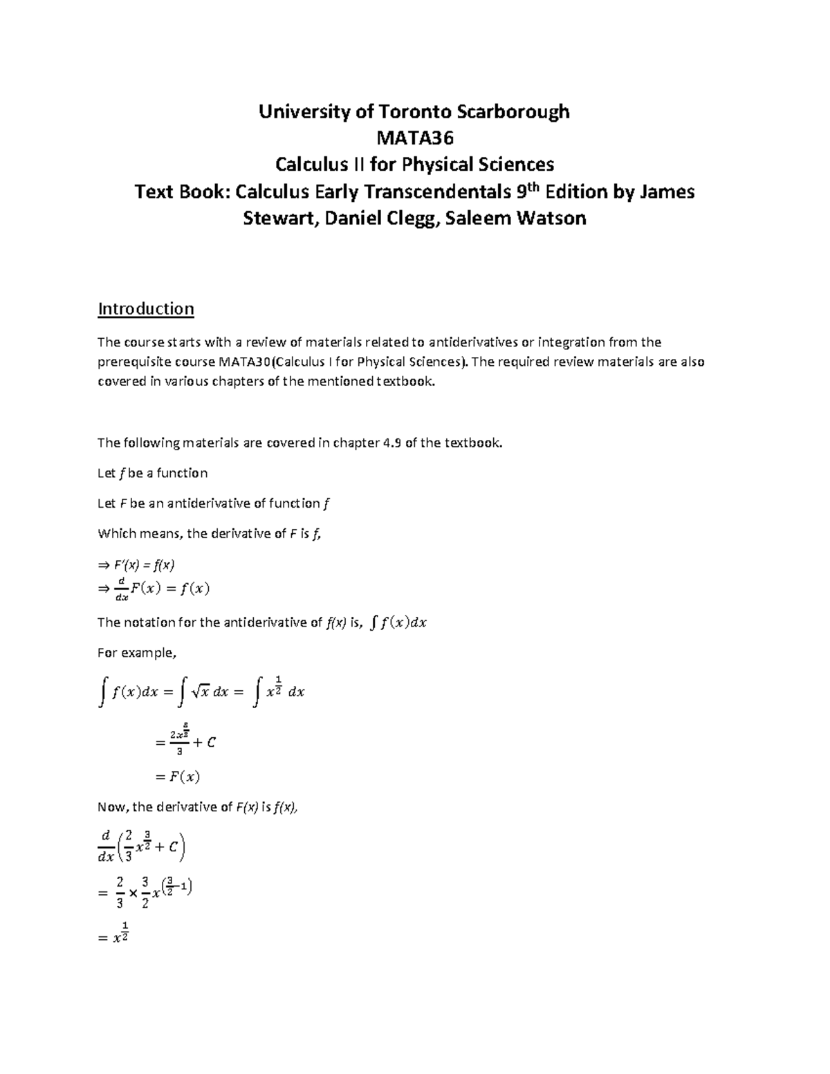 First Lecture of Calculus II for Physical Sciences - University of ...