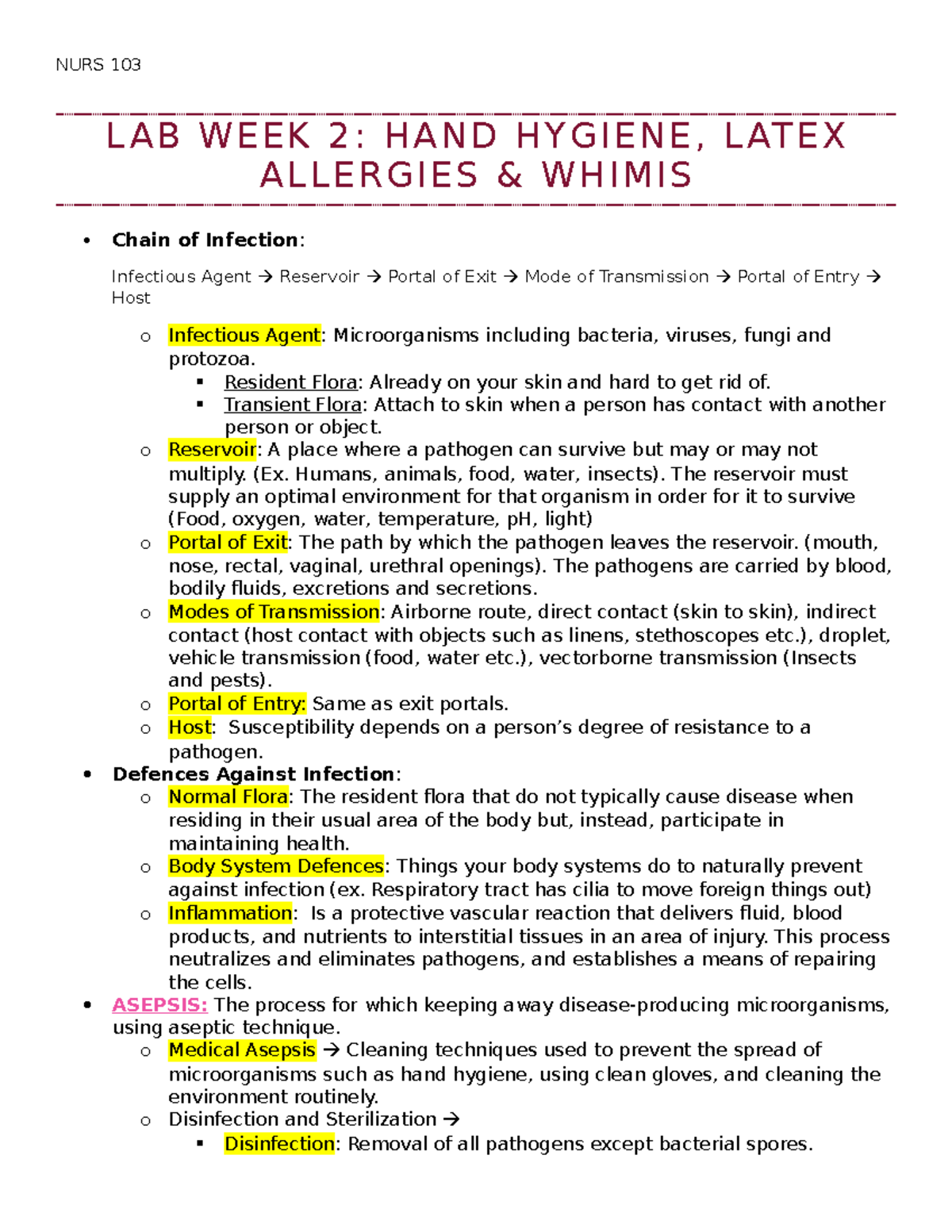 Hand Hygiene Notes - NURS 103 LAB WEEK 2: HAND HYGIENE, LATEX ALLERGIES ...