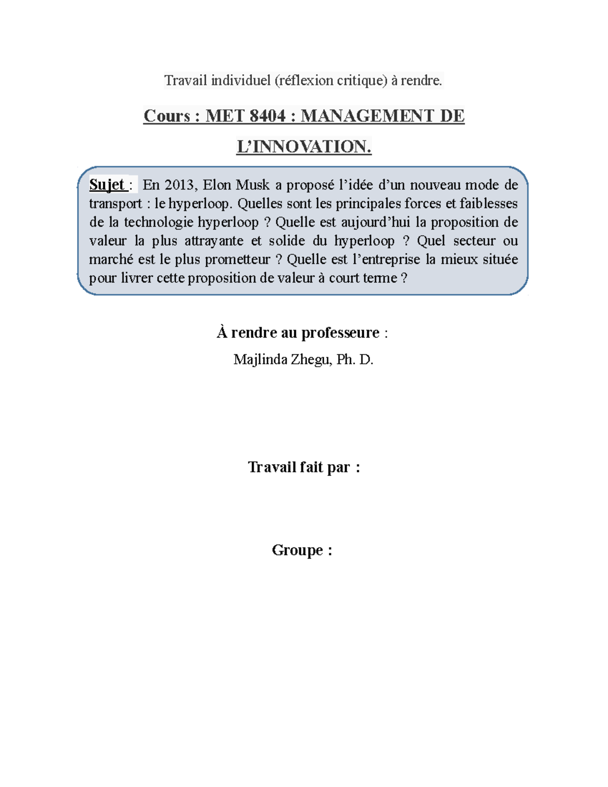 Travail de reflexion critique sujet 3 hyperloop - Travail individuel ...