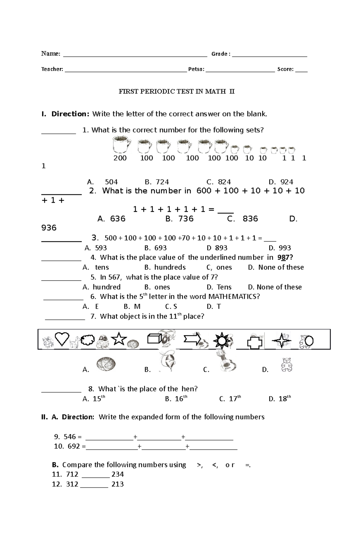 PT MATH-2 Q1-V2-1 - Sample periodical test in math - Name: - Studocu