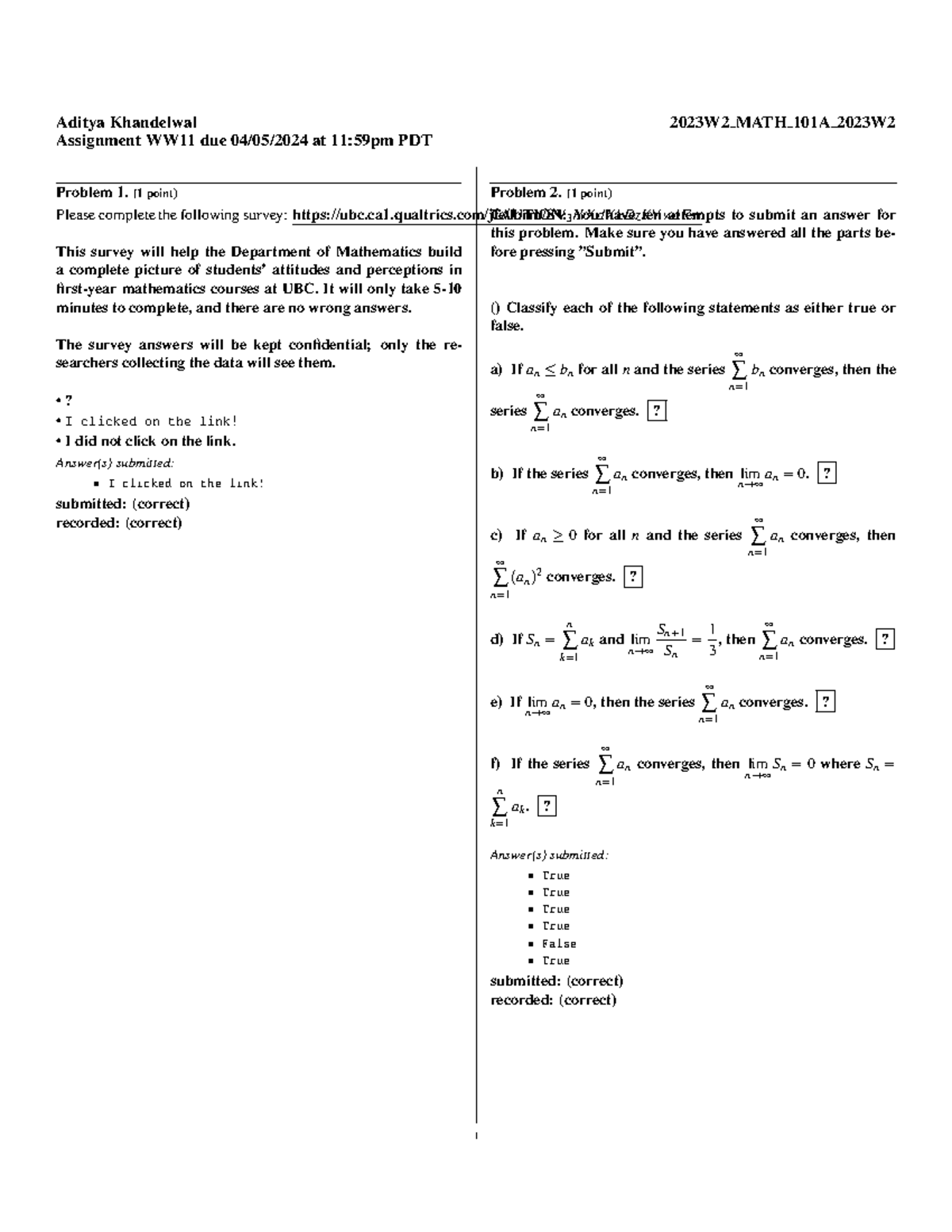 2023W2 MATH 101 A 2023W2 - Aditya Khandelwal 2023W2 MATH 101A 2023W Assignment WW11 due 04/05 ...