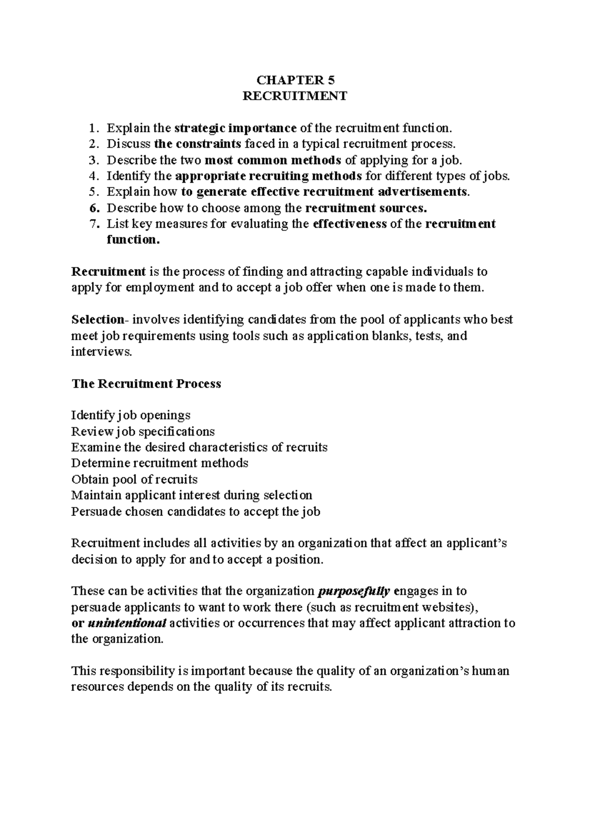 Chapter 5-HRM-Recruitment-notes - CHAPTER 5 RECRUITMENT Explain the ...