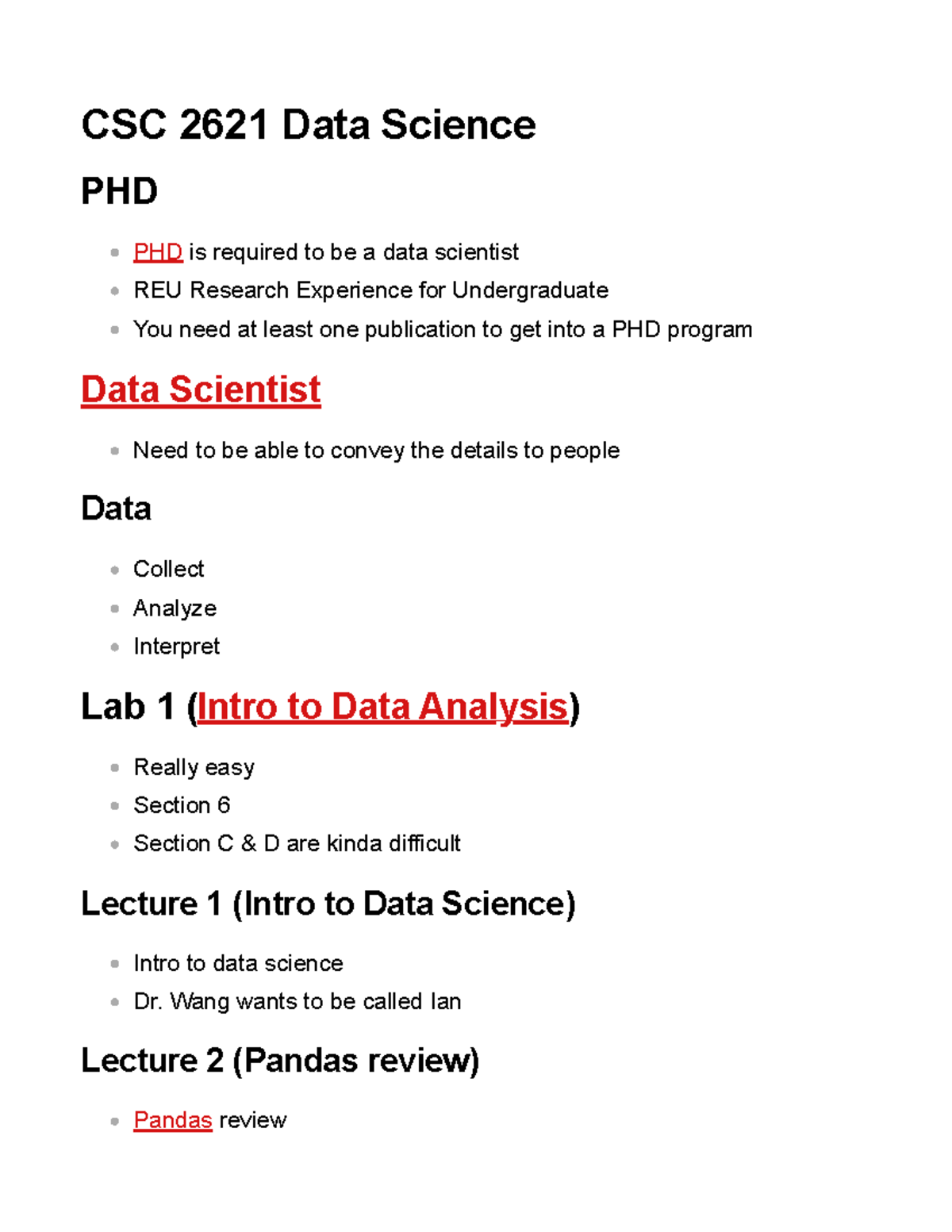 CSC 2621 Data Science - All Notes for the class. Notes were graded, are ...
