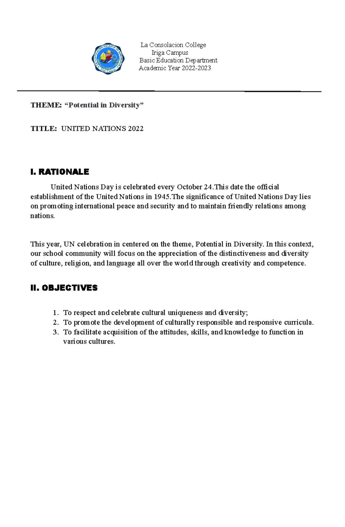 United- Nation-Proposal - La Consolacion College Iriga Campus Basic ...