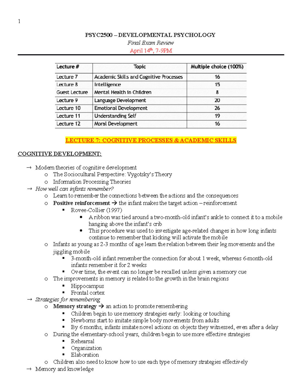 PSYC2500 final exam review - PSYC2500 – DEVELOPMENTAL PSYCHOLOGY Final ...