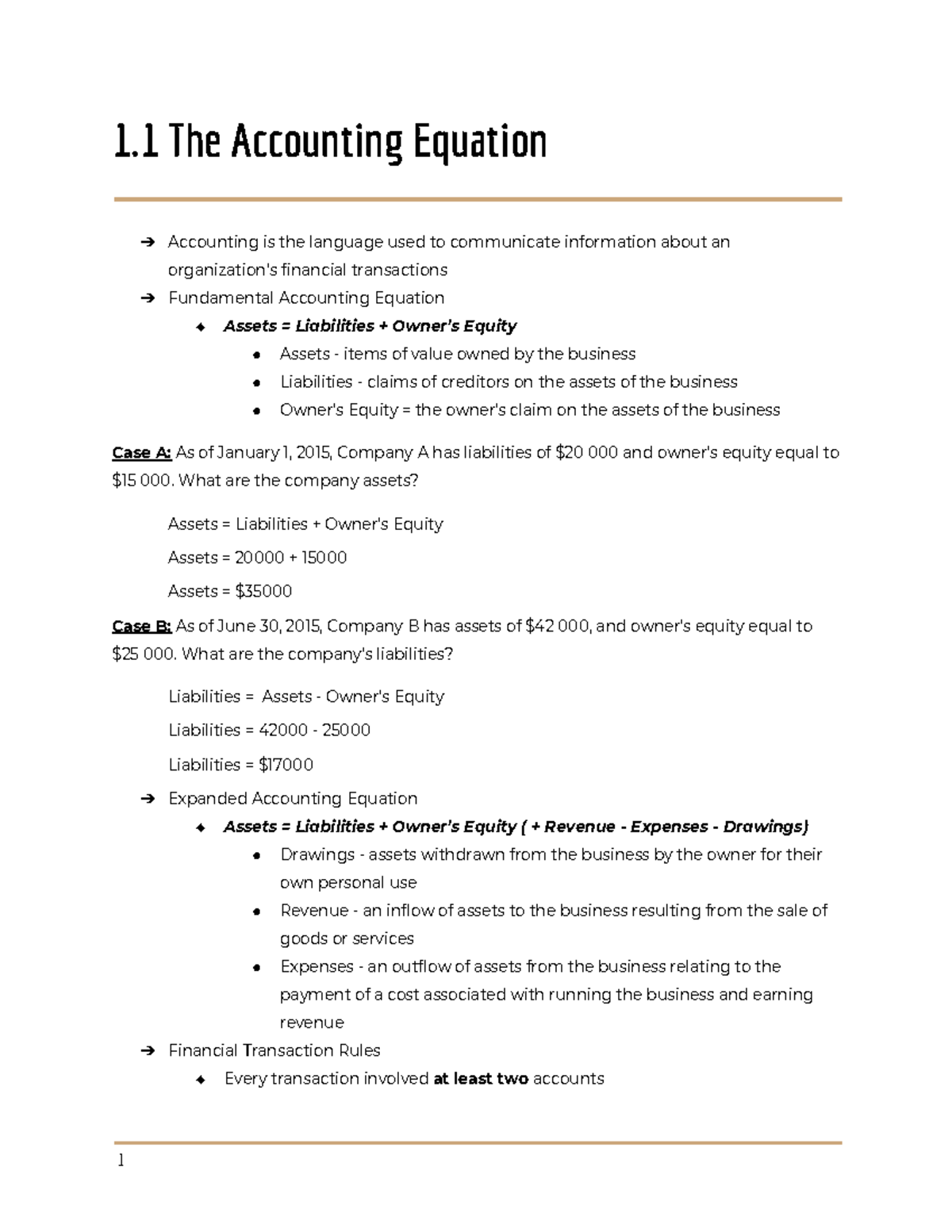 1 - Chapter 1 Subsection 1 Textbook + Class notes - 1 The Accounting ...