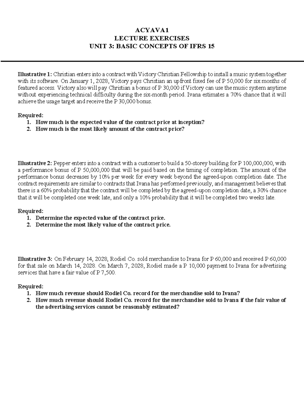 Unit 3 IFRS 15 IFRS 15 ACYAVA LECTURE EXERCISES UNIT 3 BASIC