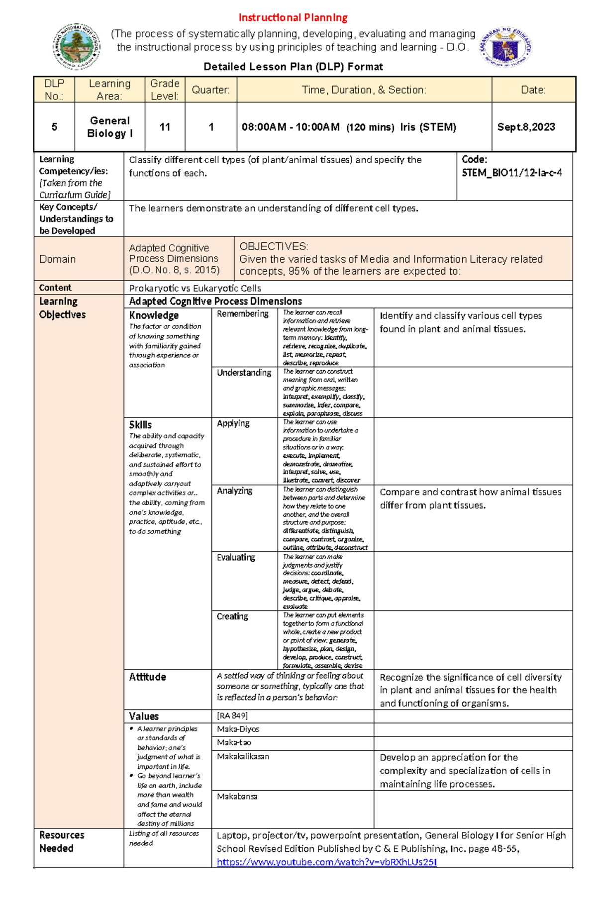 GEN-BIO-1-11 DLP-Q1-Week-2-Day-5 - DLP No.: Learning Area: Grade Level: Quarter: Time, Duration ...