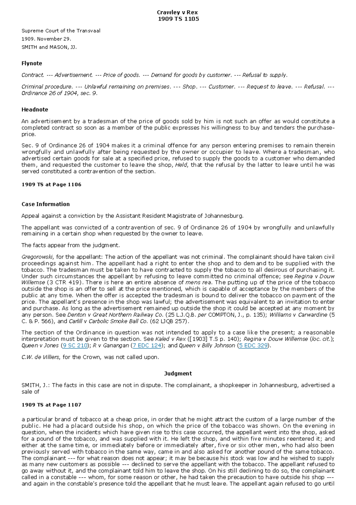 Crawley v Rex 1909 TS 1105 - Crawley v Rex 1909 TS Supreme Court of the ...