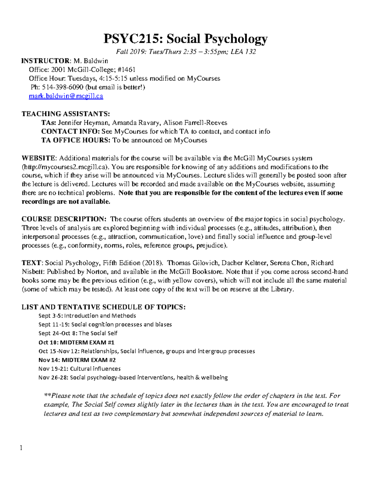 215 syllabus 2019 - Warning: TT: undefined function: 32 1 PSYC215: Social Psychology Fall 2019 ...