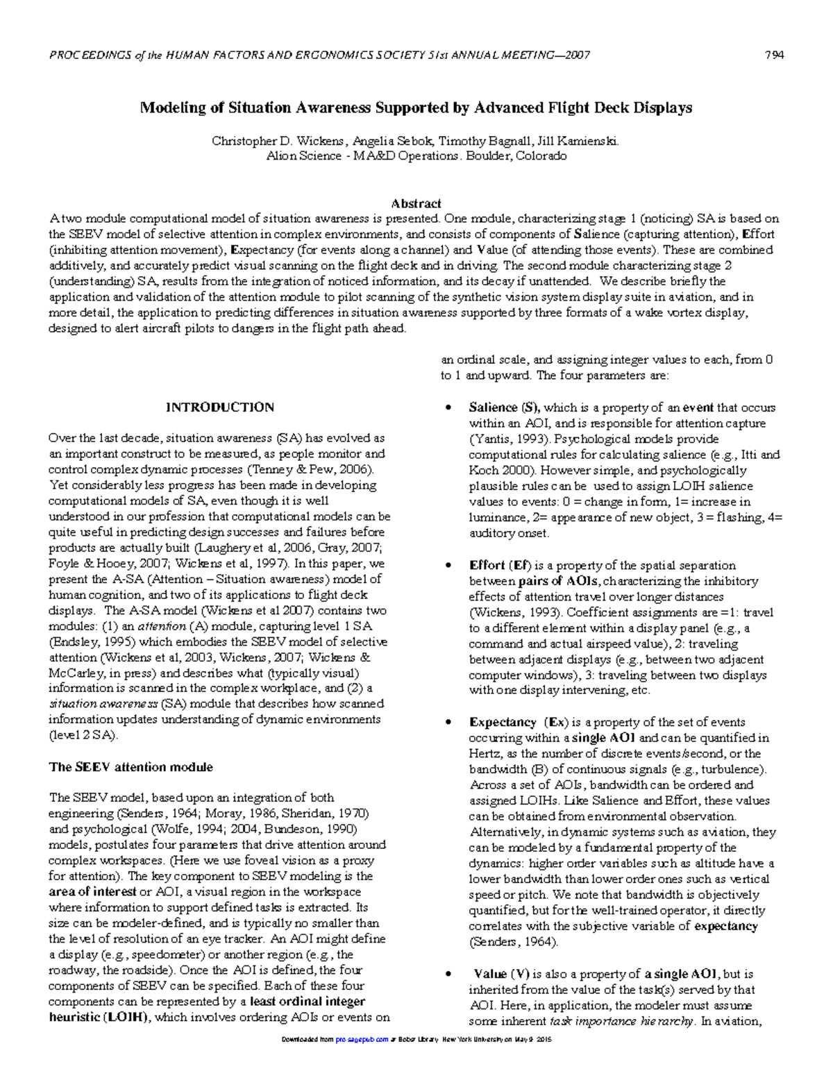 Wickens et al 2007 Modeling of situation awareness supported by ...