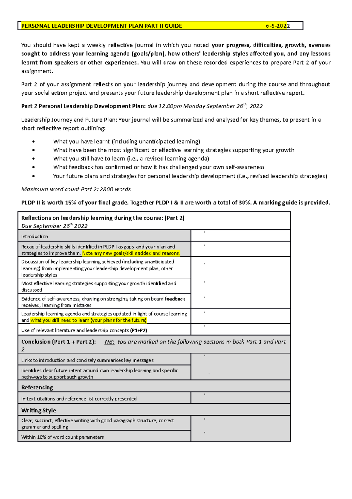 Personal Leadership Development PLAN PART II Guide 2022 - PERSONAL ...
