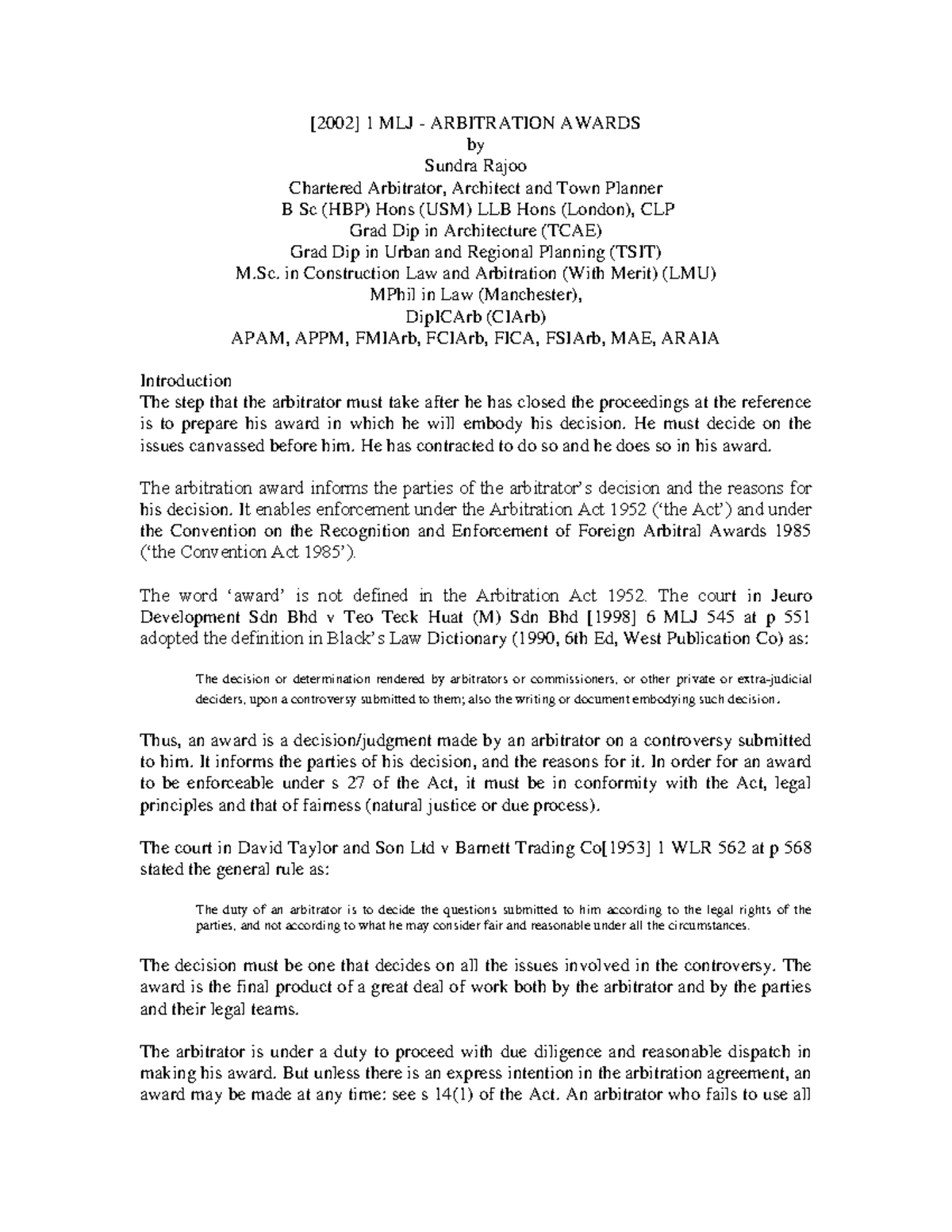 Arbitration 1 - [2002] 1 MLJ - ARBITRATION AWARDS by Sundra Rajoo ...