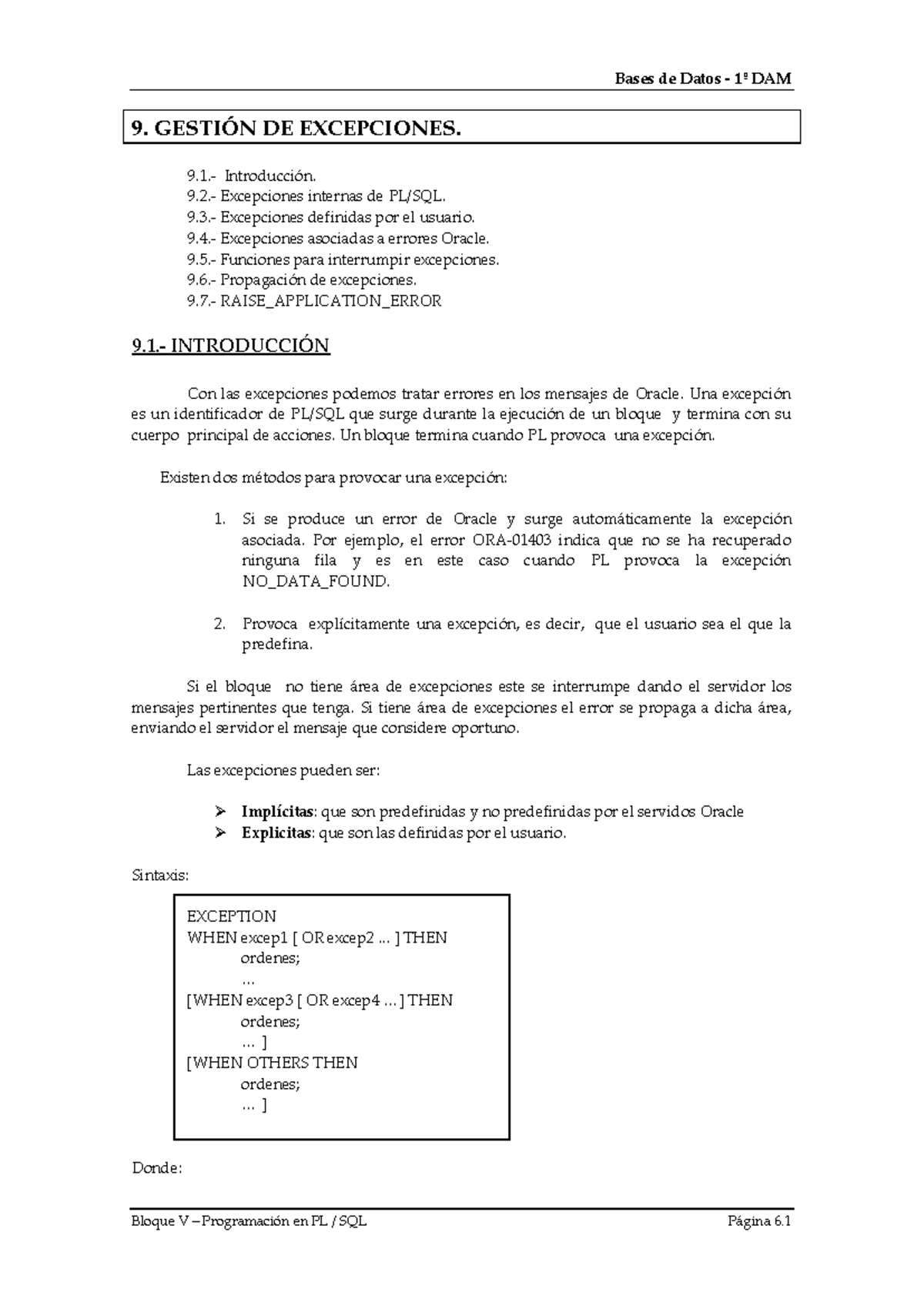 Tpl6r - apuntes clase bbdd - 9. GESTIÓN DE EXCEPCIONES. 9 ...