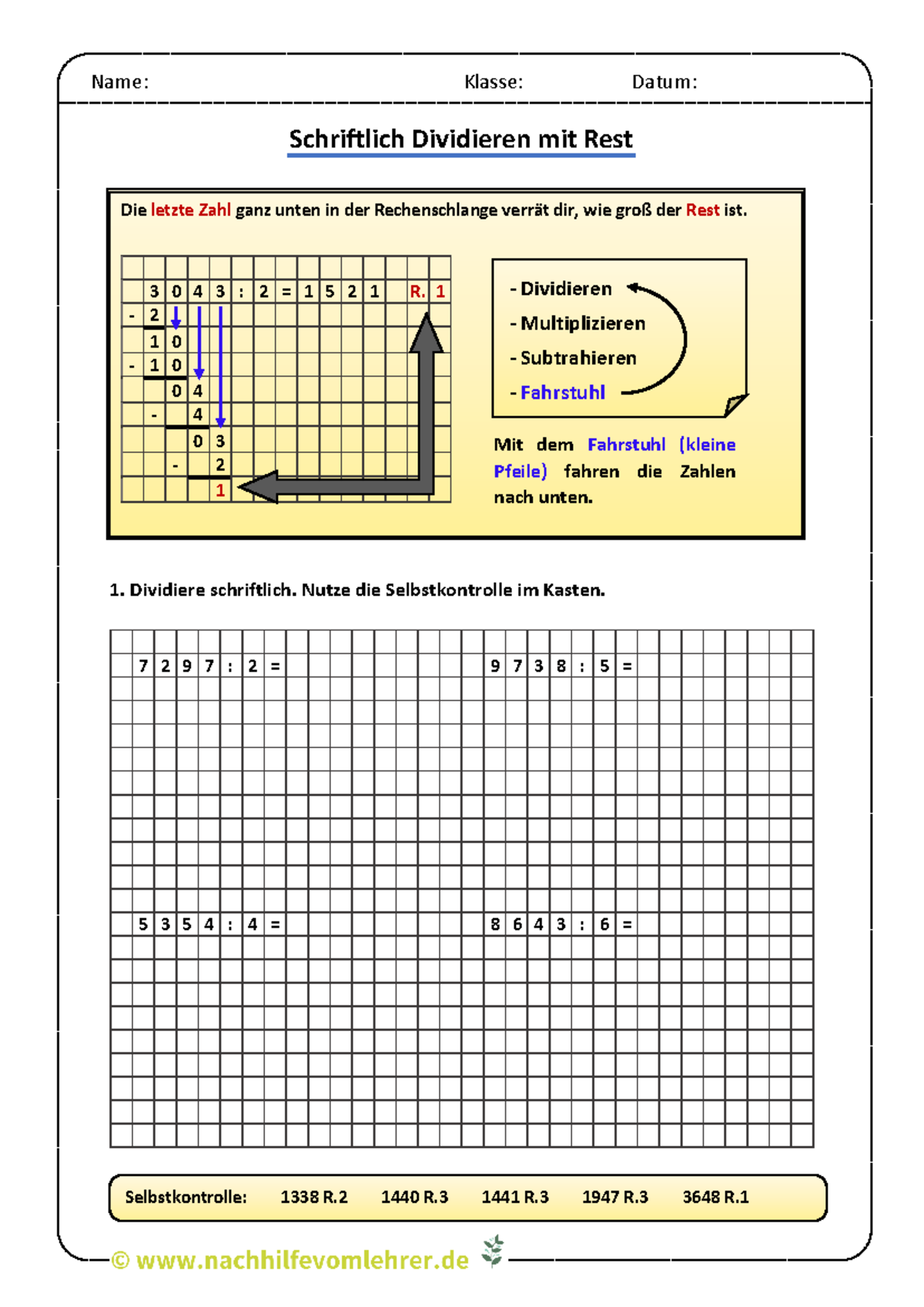 Schriftlich Dividieren mit Rest Klasse 5 - Name: Klasse: Datum ...