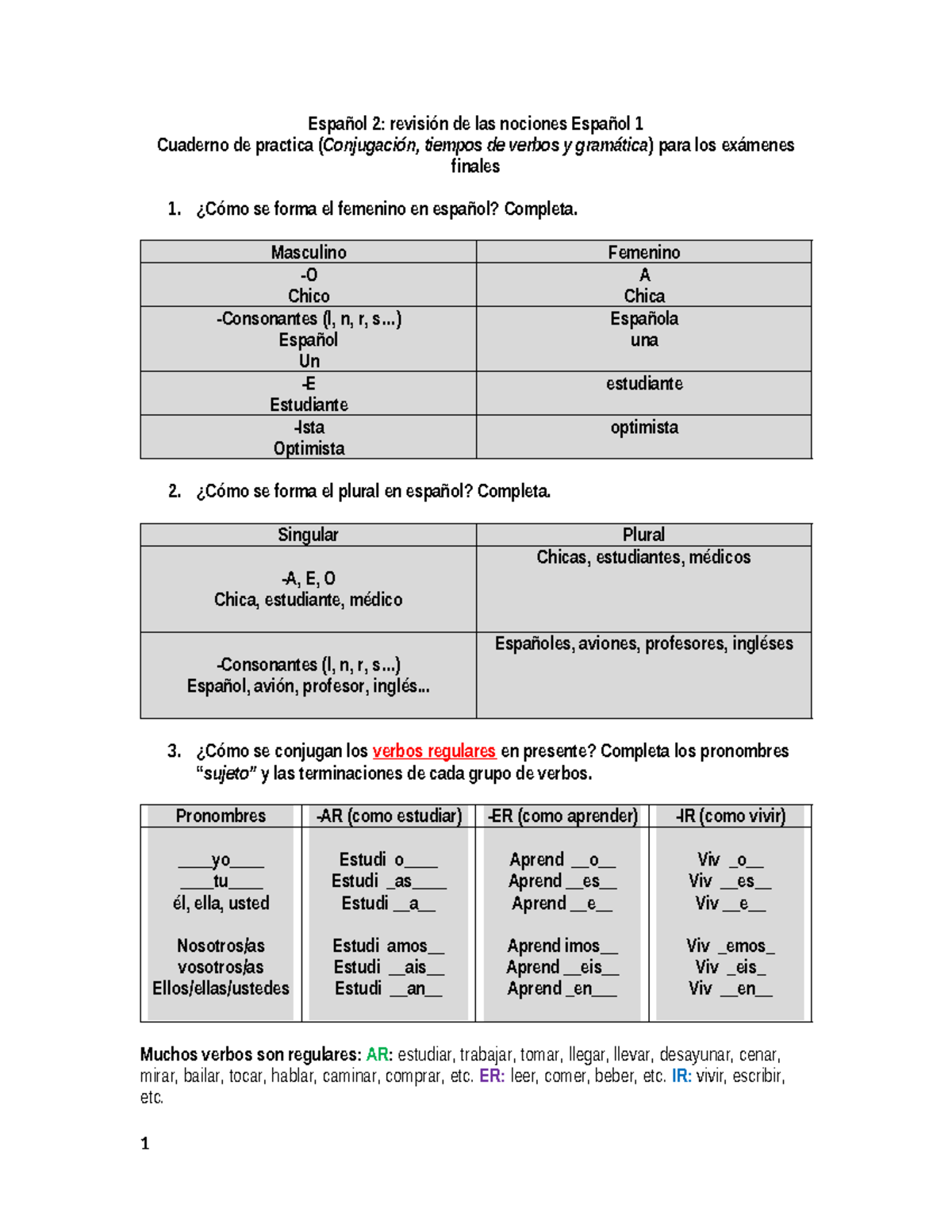 Cuaderno de revision del curso Esp - Español 2: revisión de las ...