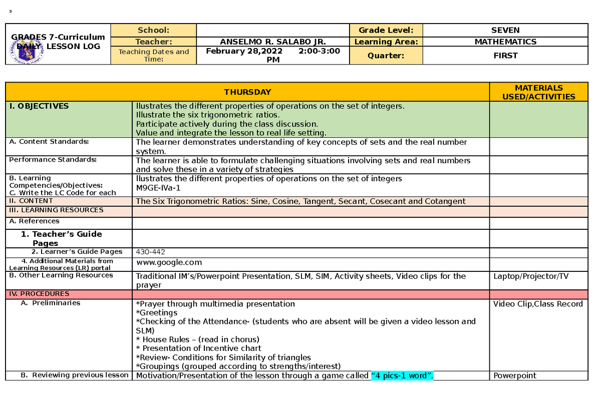 Daily Lesson LOG in Math 9 - S THURSDAY MATERIALS USED/ACTIVITIES I ...