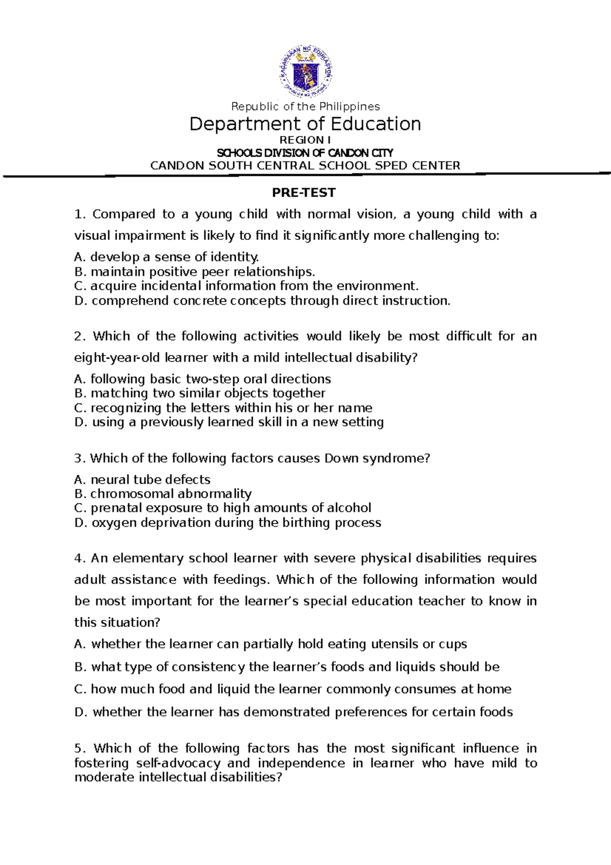 Pre Test Post-Test Project- Pledge - Department of Education REGION I ...