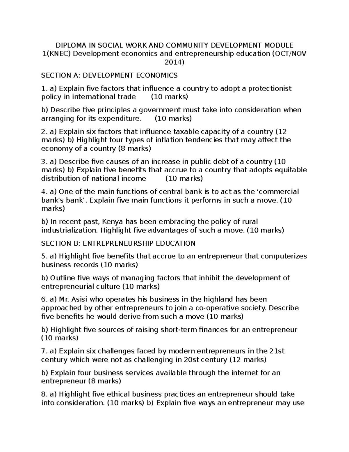 Economics- KNEC - Lecture notes 2 - DIPLOMA IN SOCIAL WORK AND ...