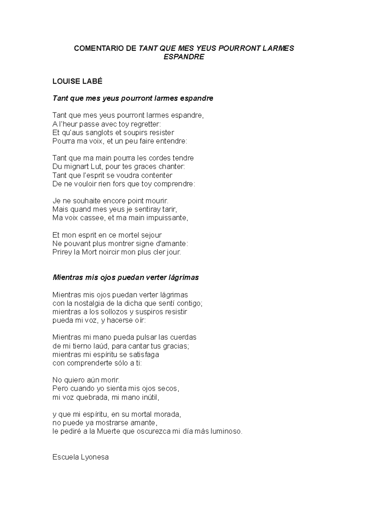 Comentari Louise Labé - COMENTARIO DE TANT QUE MES YEUS POURRONT LARMES ...