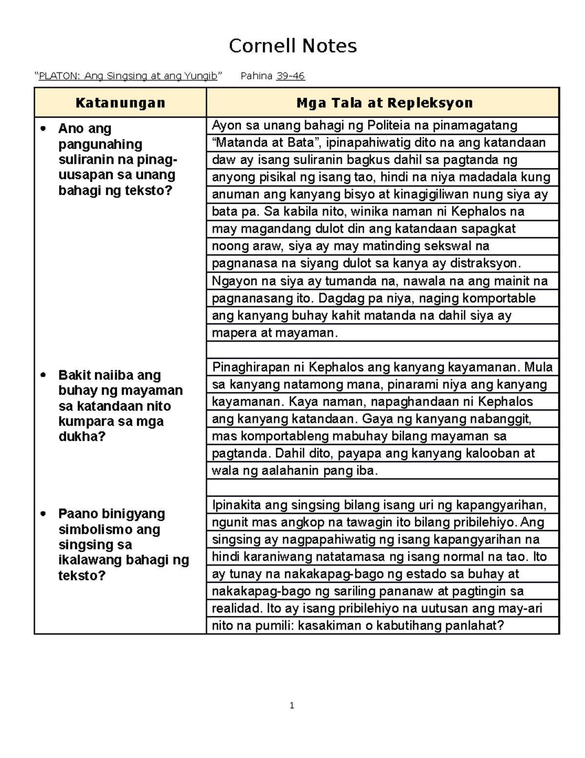 Cornell Notes on Philosophy - Cornell Notes “PLATON: Ang Singsing at ...