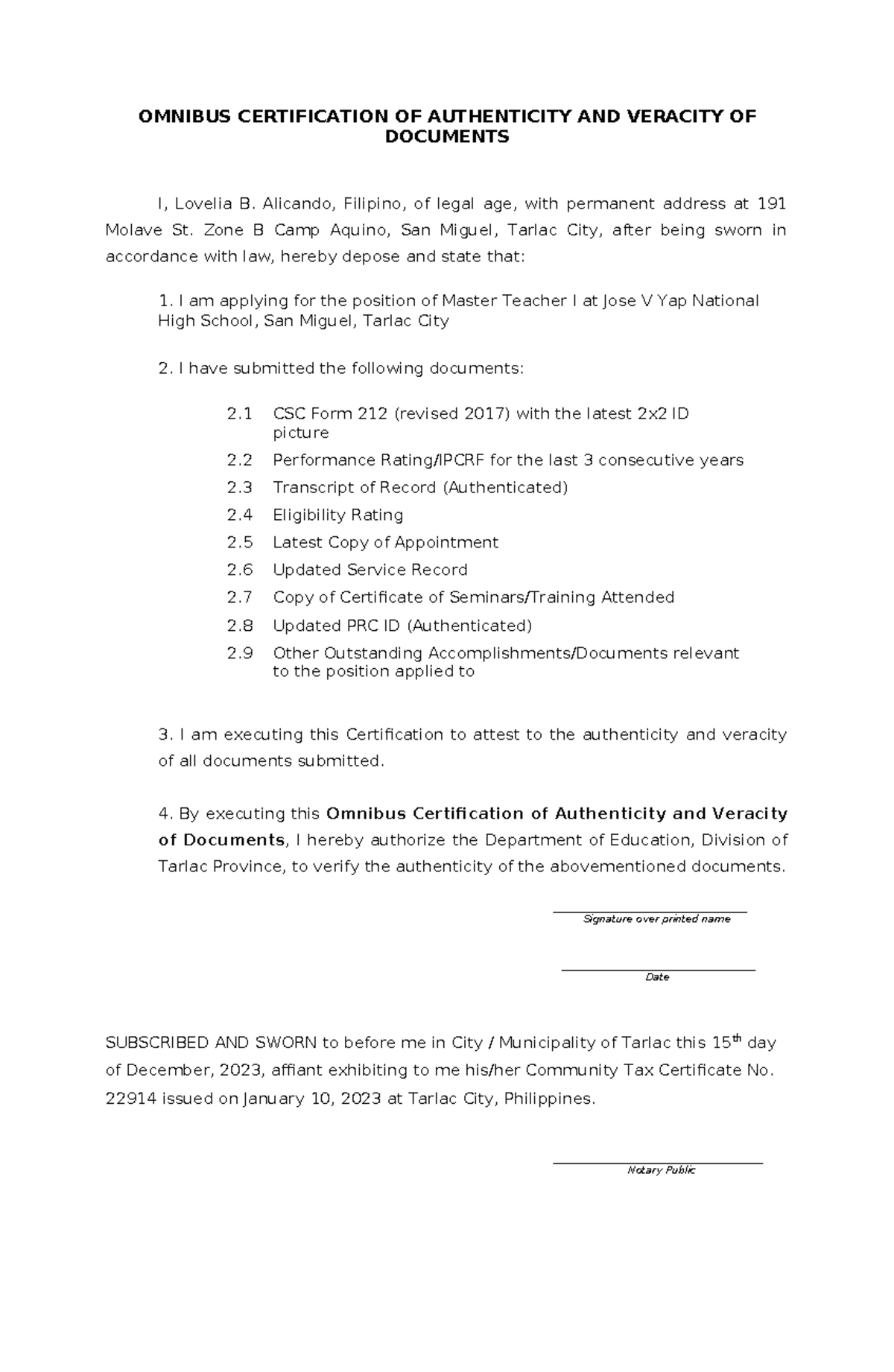 Omnibus Certification OF Authenticity AND Veracity OF Documents ...