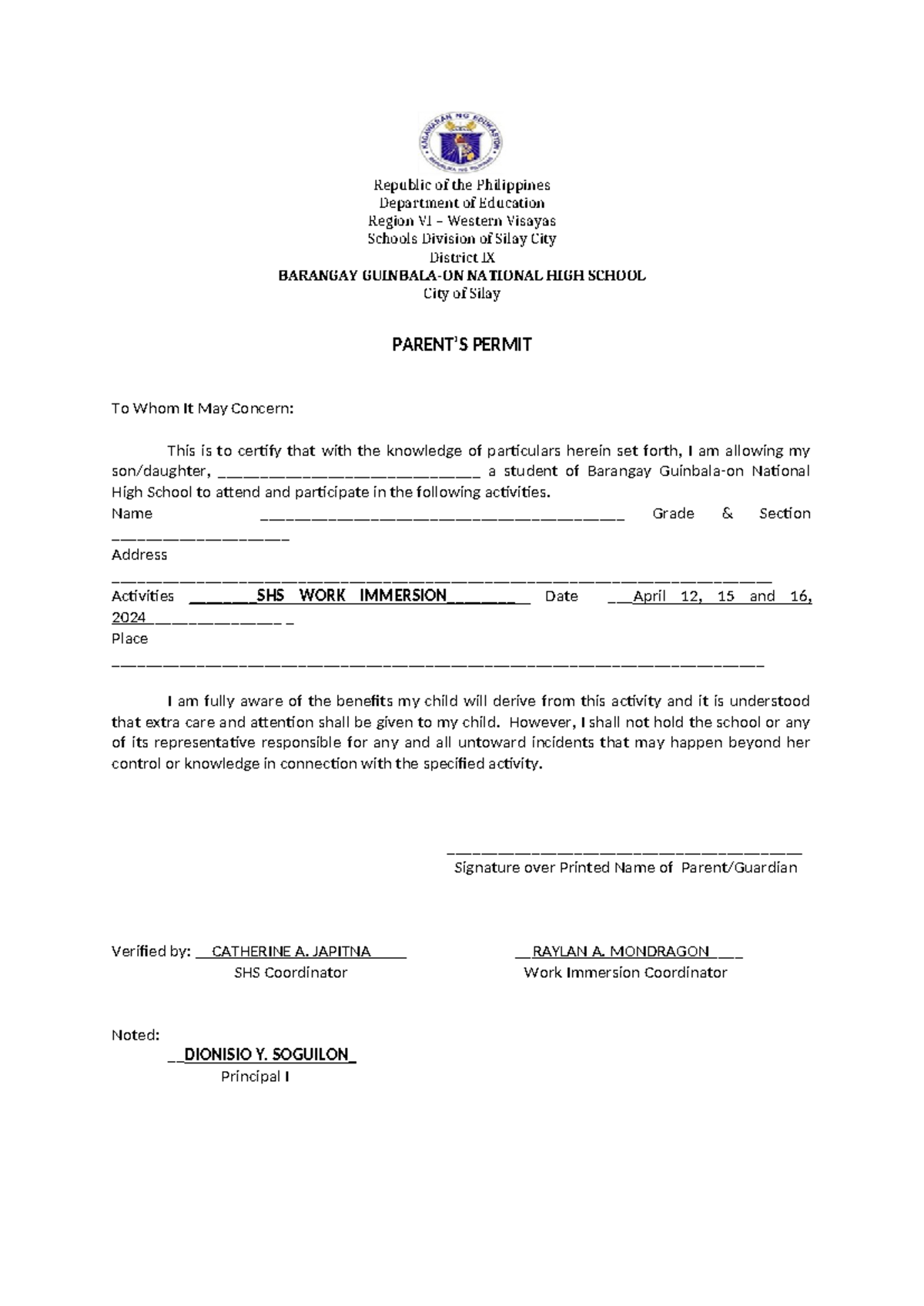 Parentspermit D - parental permit - Republic of the Philippines ...