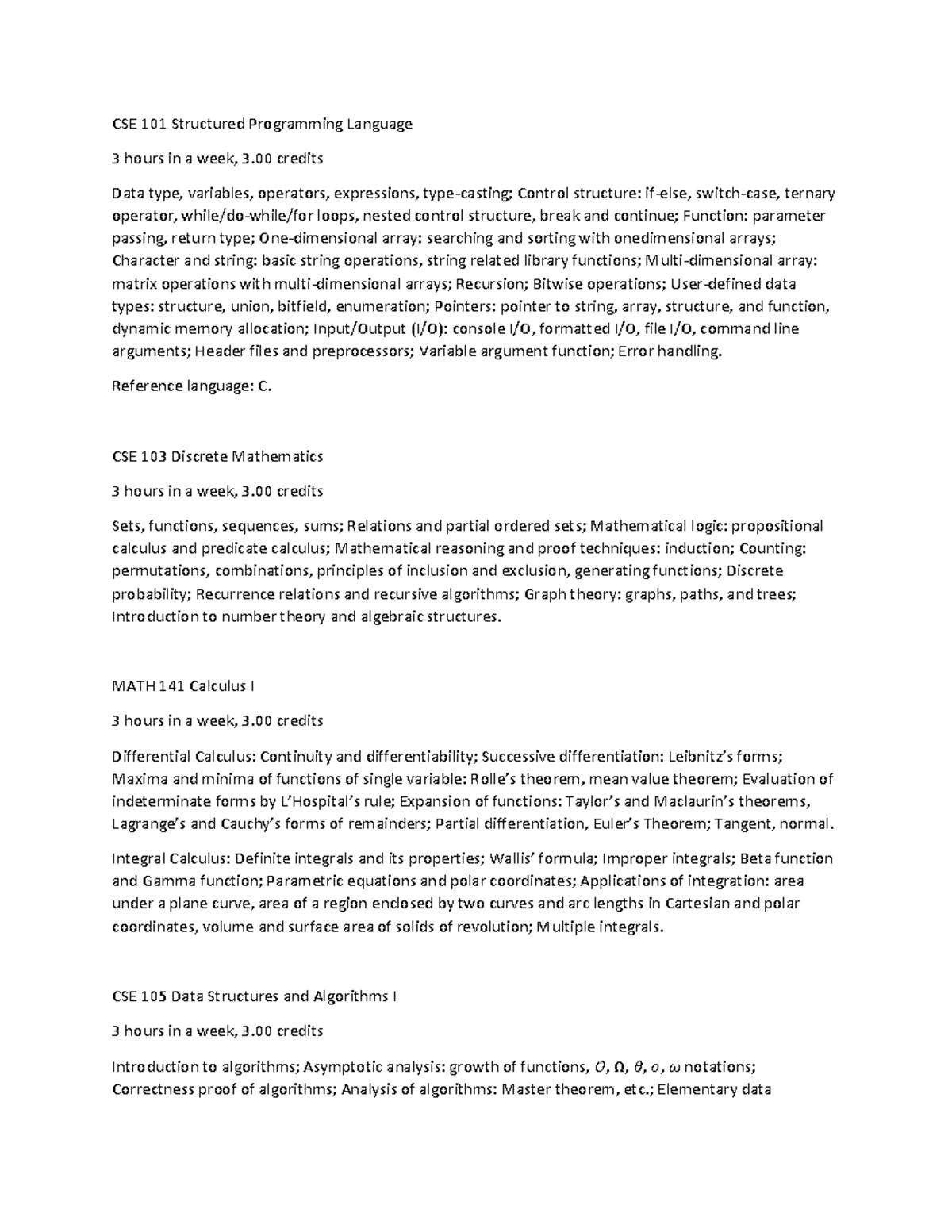 Cse undergrad syllabus - CSE 101 Structured Programming Language 3 hours in a week, 3 credits ...