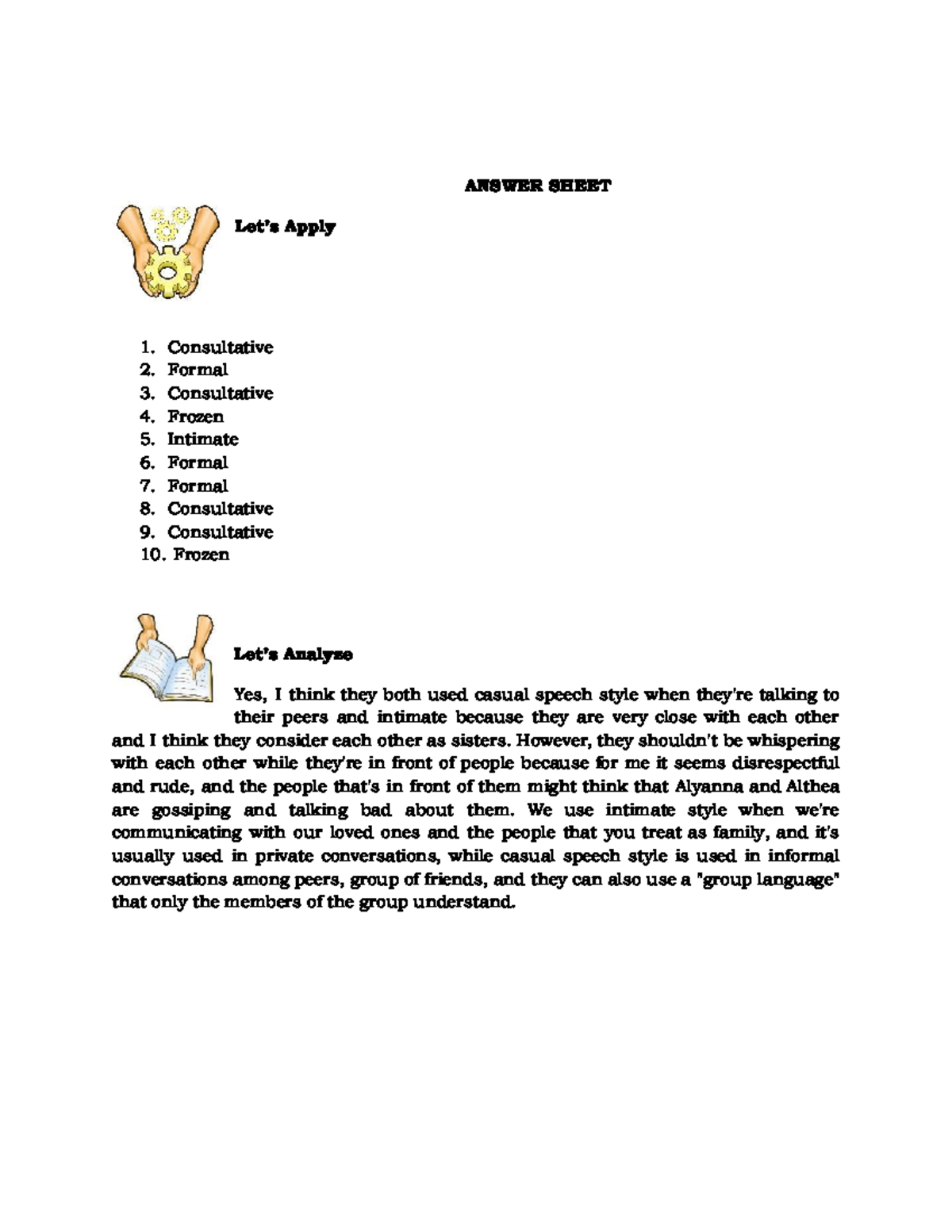 Quarter 2 Module 1 - Oral Comm Practice Sheet - ANSWER SHEET Let’s ...