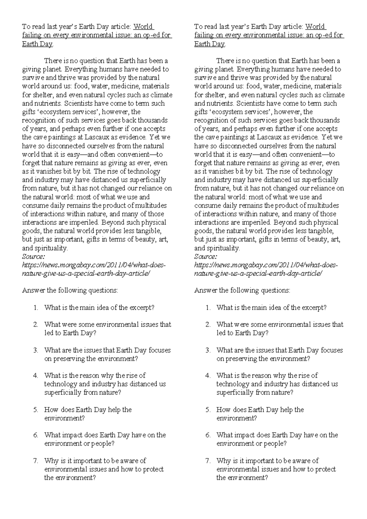 Activity 9 - fggggg - To read last year’s Earth Day article: World ...