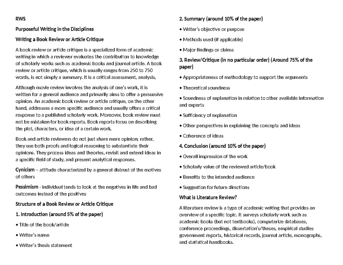 RWS 4Q - Reviewers - RWS Purposeful Writing in the Disciplines Writing ...