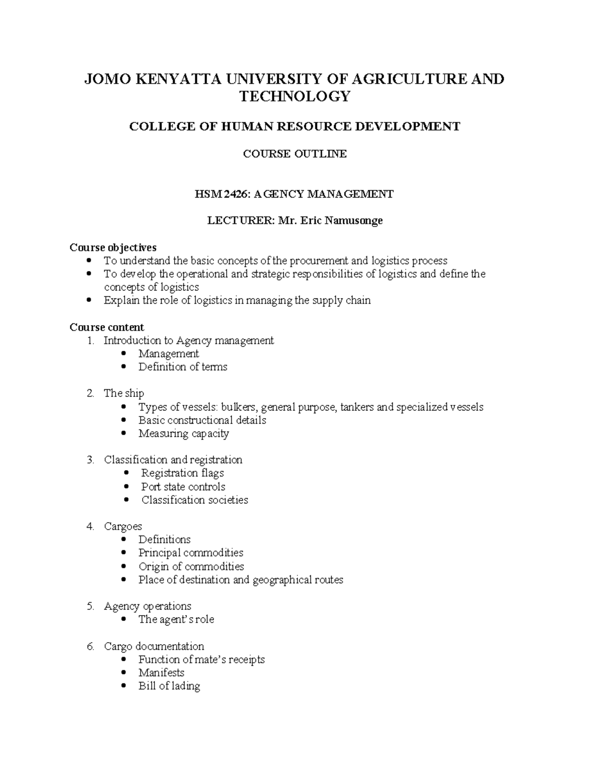 Agency management - course outline - JOMO KENYATTA UNIVERSITY OF ...