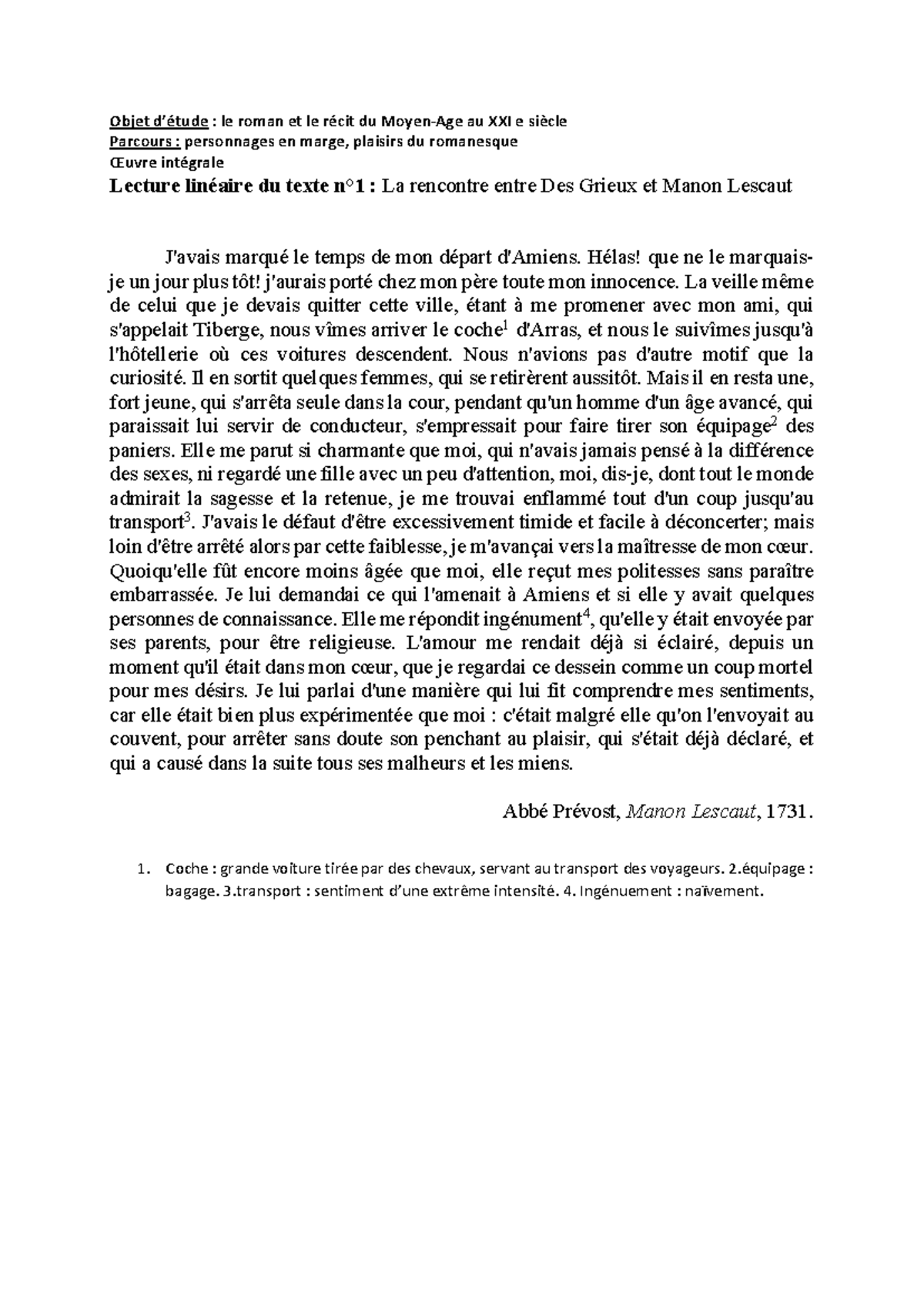 Texte LL1 La rencontre Manon - Objet d’étude : le roman et le récit du ...