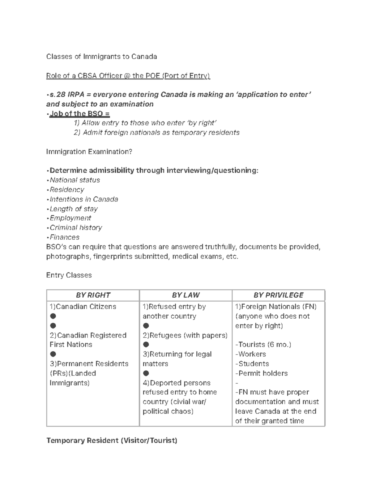 Classes of Immigrants to Canada - Entry Classes BY RIGHT BY LAW BY ...