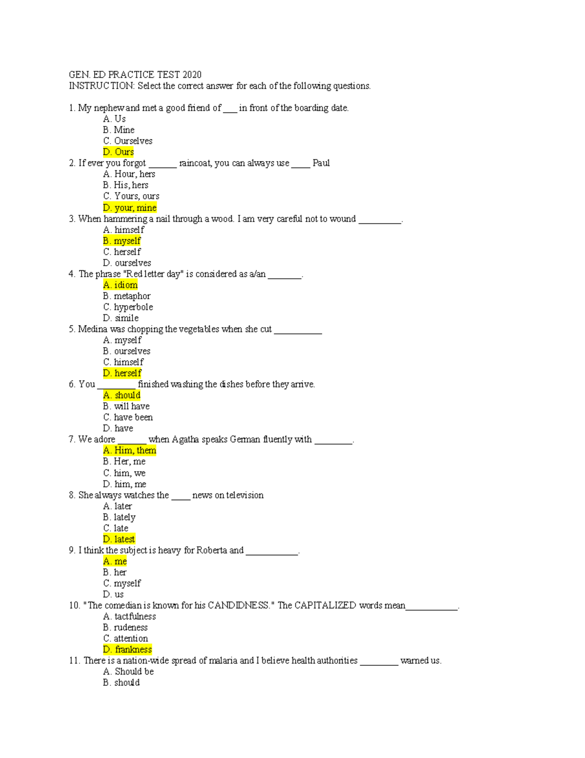 40 item gen ed questions - GEN. ED PRACTICE TEST 2020 INSTRUCTION ...
