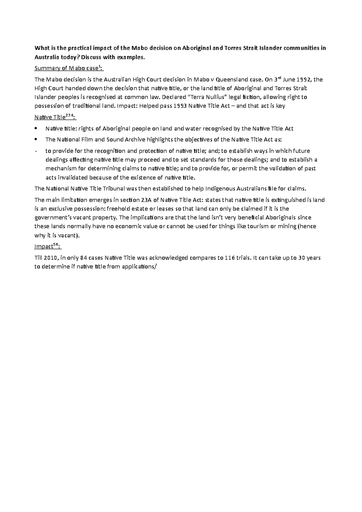 Mabo speech - Grade: A - What is the practical impact of the Mabo ...